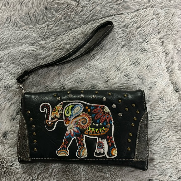 Bags | Rhinestone Embroidery Elephant Wallet Wristlet Euc | Poshmark